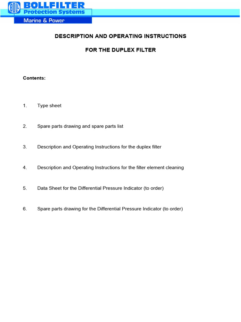 Description and Operating Instructions For The Duplex Filter | PDF ...
