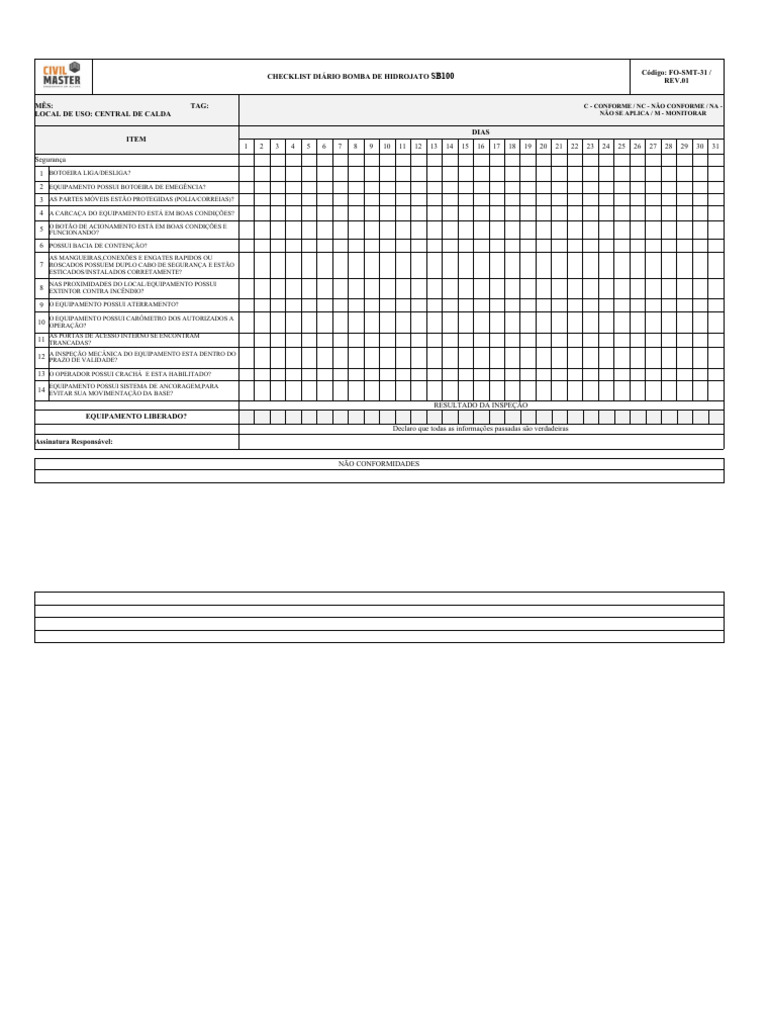 FO-SMT-31 Checklist Diário - Bomba SB 100 | PDF