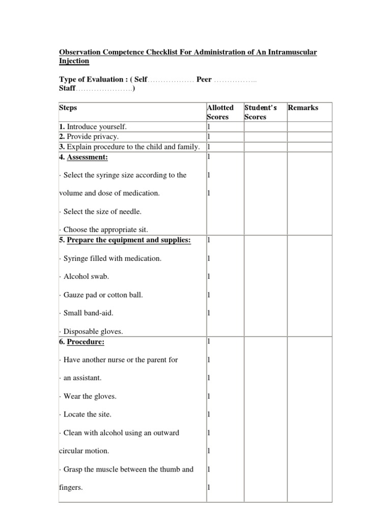 Observation Competence Checklist For Administration of An Intramuscular ...