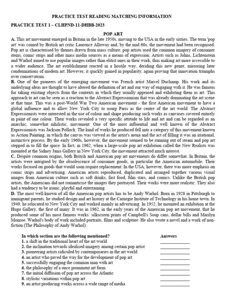 Practice Test Reading Matching Infromation - Nokey | PDF | Laughter ...