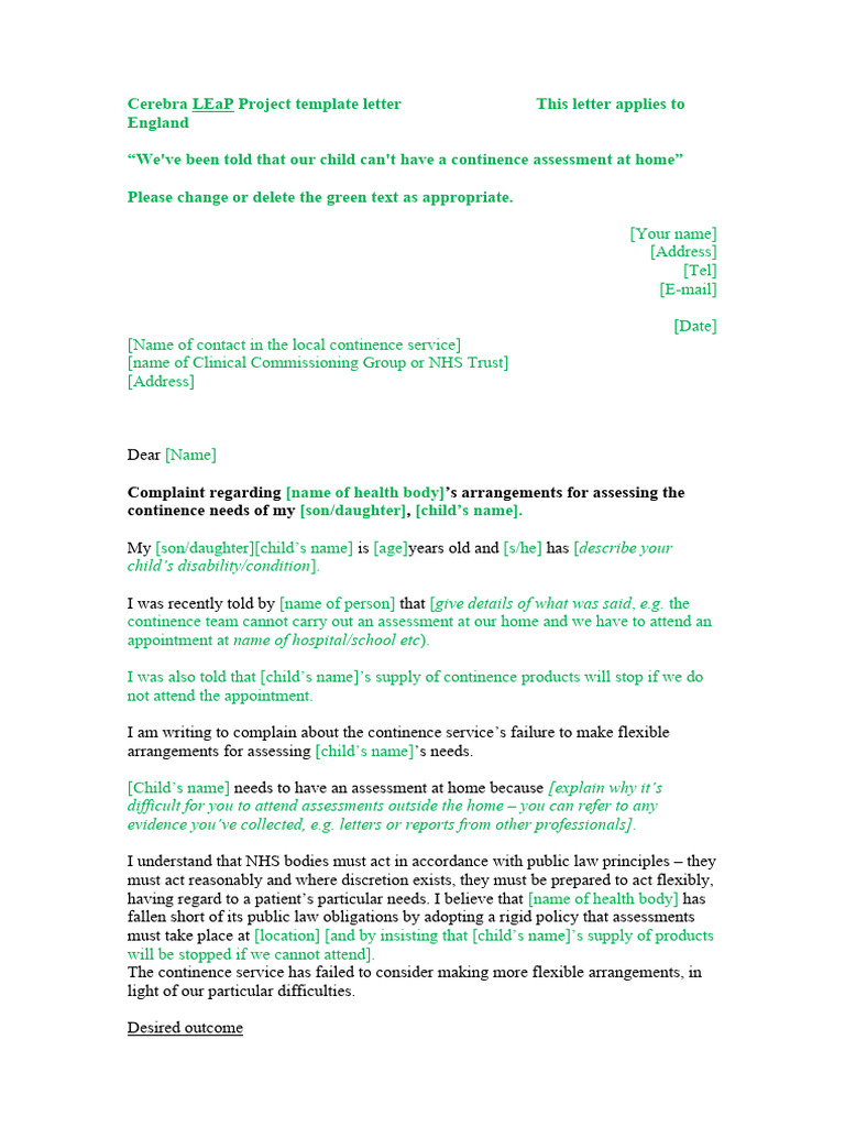 Home Continence Assessment Complaint Template | PDF | National Health ...