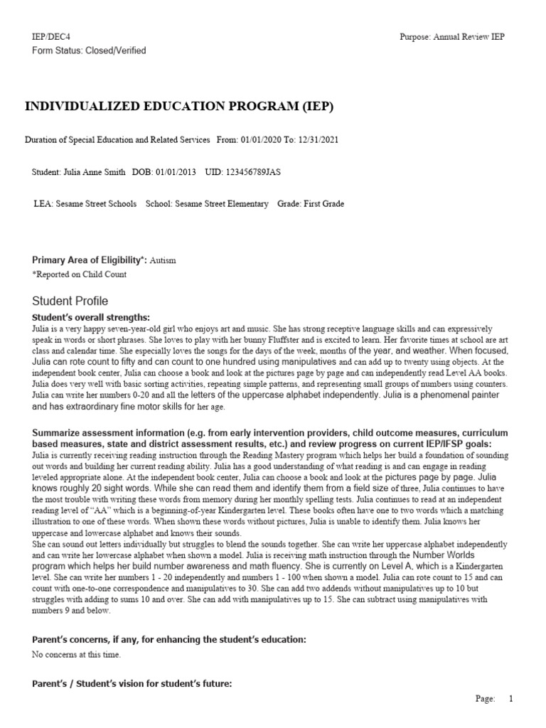 IEP Example Updated | PDF | Individualized Education Program | Special ...