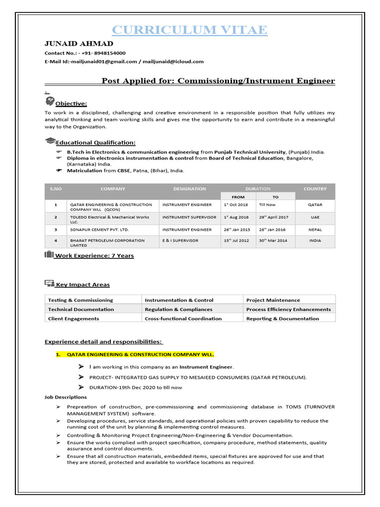Junaid CV 16-04-2022 | PDF | Calibration | Scada