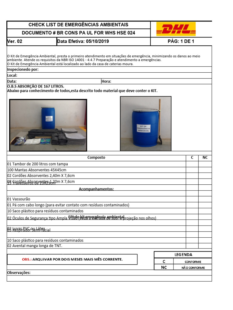 # BR Cons Pa Ul For WHS Hse 024 Check List Kit de Emergencia Ambiental ...