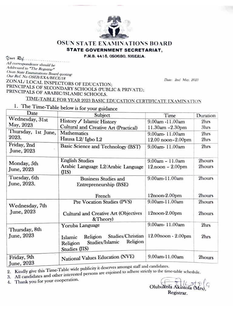 BECE Time Table | PDF