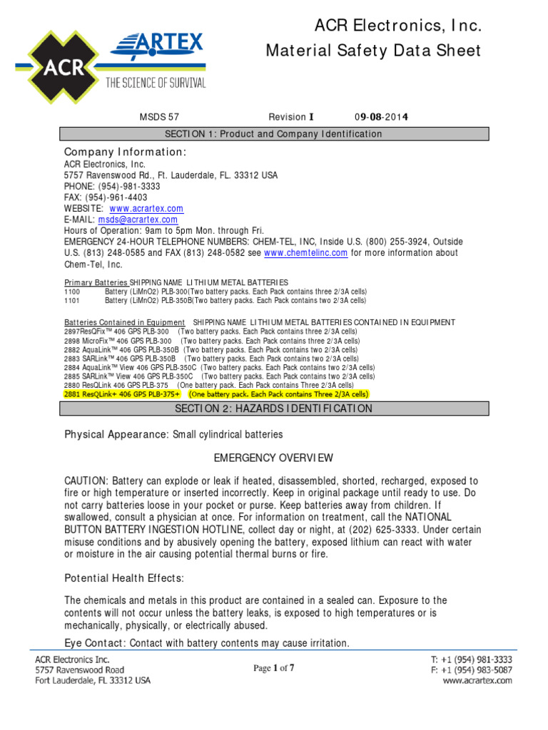 Acr Msds 57 With 6 or 4 Li Mno2 plb300 - 350 Rev I | PDF | Firefighting ...