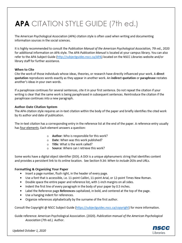 APA Handout 7th Ed Updated October 1 20 | PDF | Apa Style | Citation