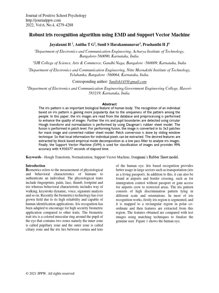 Robust Iris Recognition Algorithm Using Emd And Support Vector Machine Pdf Biometrics