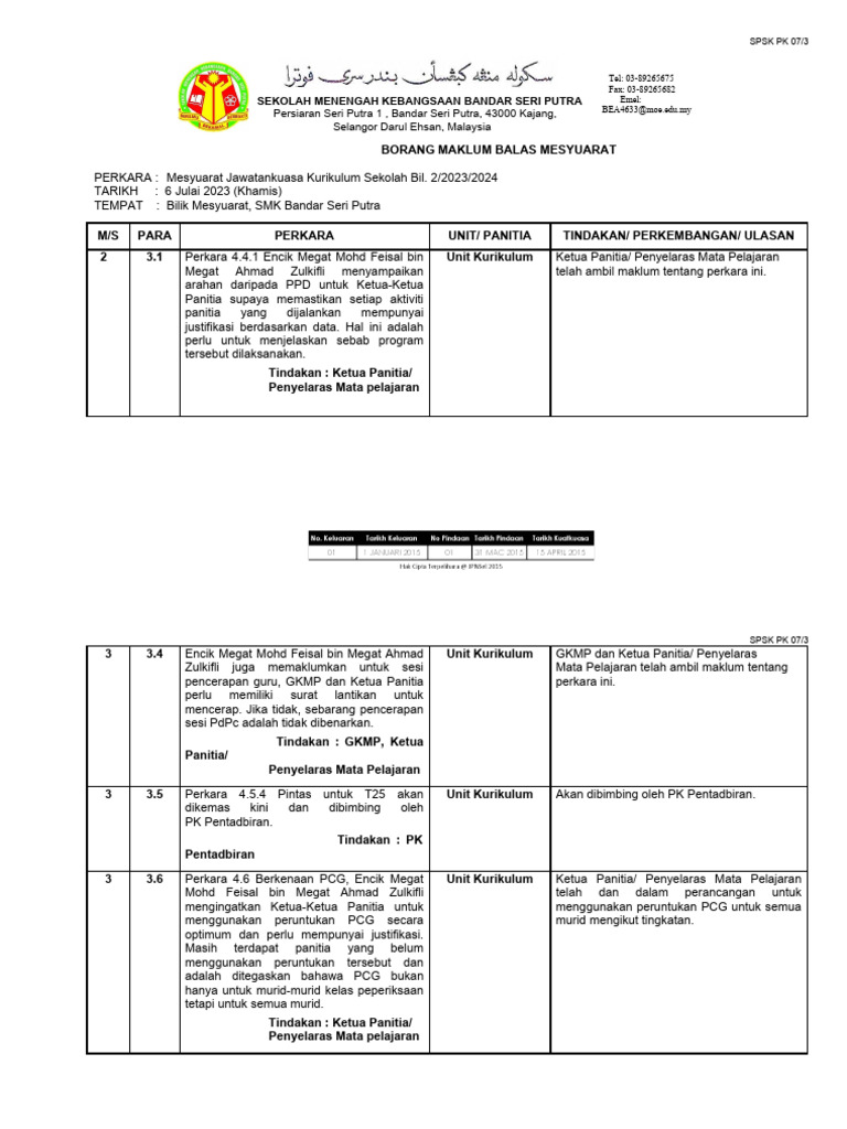 Borang Maklum Balas Minit Mesyuarat JKS Bil 2 2023 2024 | PDF