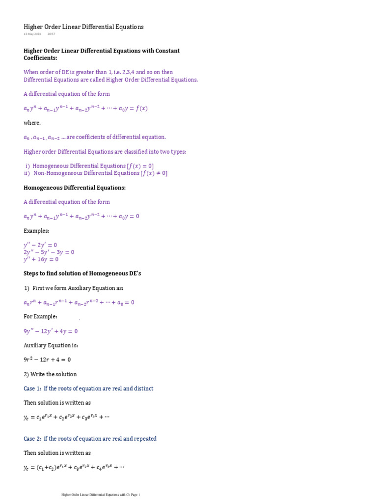 Higher Order Linear Differential Equations | PDF | Equations | Differential Equations