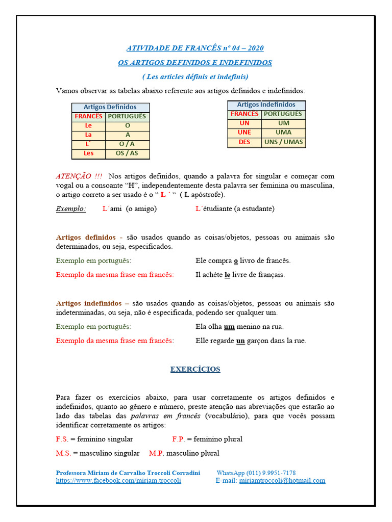 ATIVIDADE DE FRANCÊS Nº 03 | Download grátis PDF | Francês (idioma ...