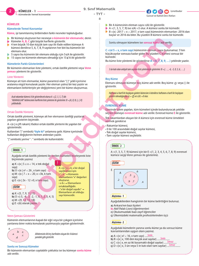 Sinif Matematik Kumeler Ders Notlari Ve Cozumlu Sorular | PDF
