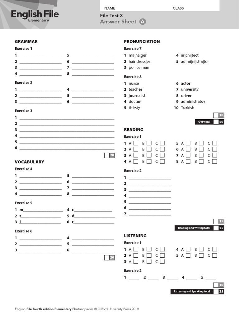 EF4e File Test 3A Answer Sheet | PDF | Linguistics | Human Communication