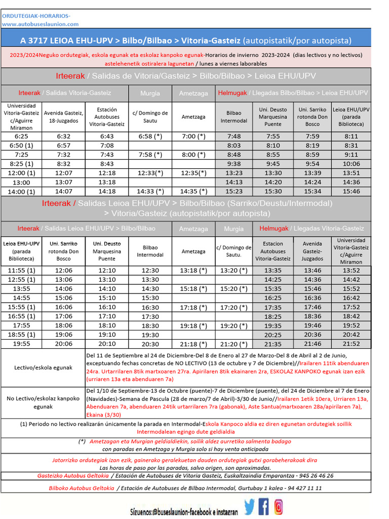 A 3717 Vitoria Bilbao Leioa UPV Horarios Invierno 2023 2024 | PDF