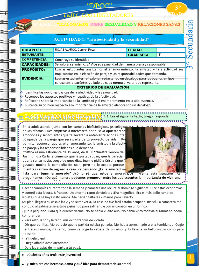 3° DPCC - Actv.01-Unid.3 2023 | PDF | La sexualidad humana | Amor