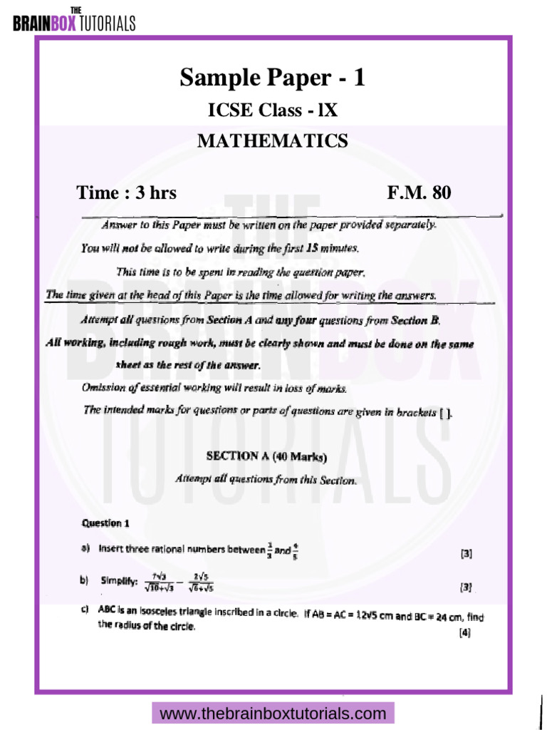 Maths Icse Class 9 Sample Paper 2021 The Brainbox Tutorials | PDF