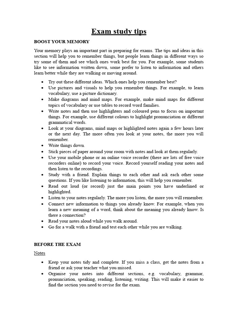 Exam Study Tips | PDF | Sleep | Vocabulary