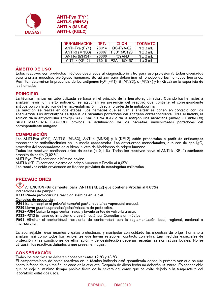 Anti-Fya, Anti-S, Anti-S y Anti-K Diagast | PDF | Anticuerpo Monoclonal ...