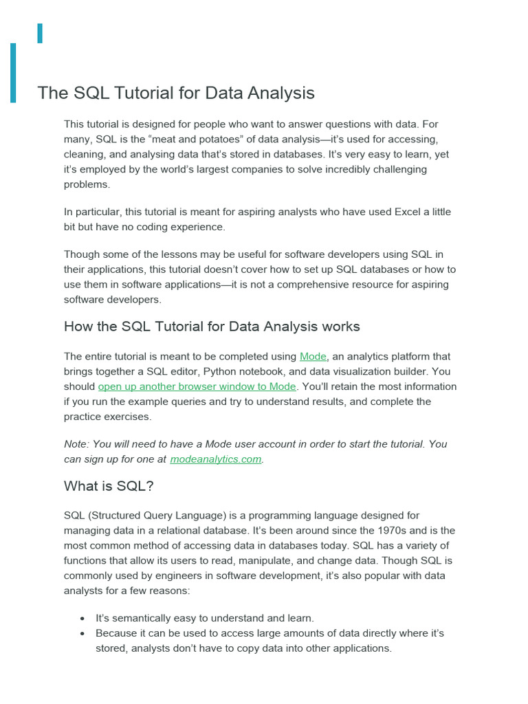 The SQL Tutorial For Data Analysis | PDF | Databases | Sql