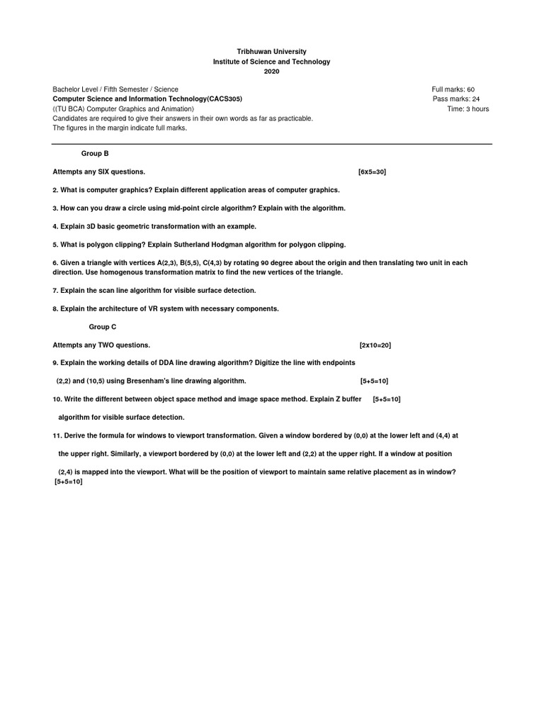 TU BCA Computer Graphics Exam Paper | PDF | Computer Graphics | 3 D ...
