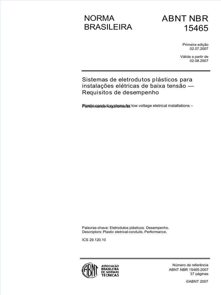 Abnt NBR 15465 2007 Sistemas de Eletrodutos Plasticos para Instalacoes ...