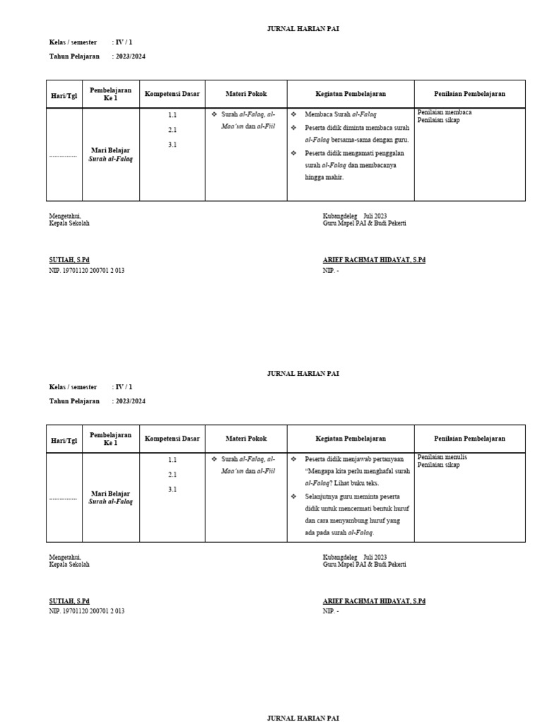 Jurnal Harian Pai Kelas 4 Semester 1 | PDF