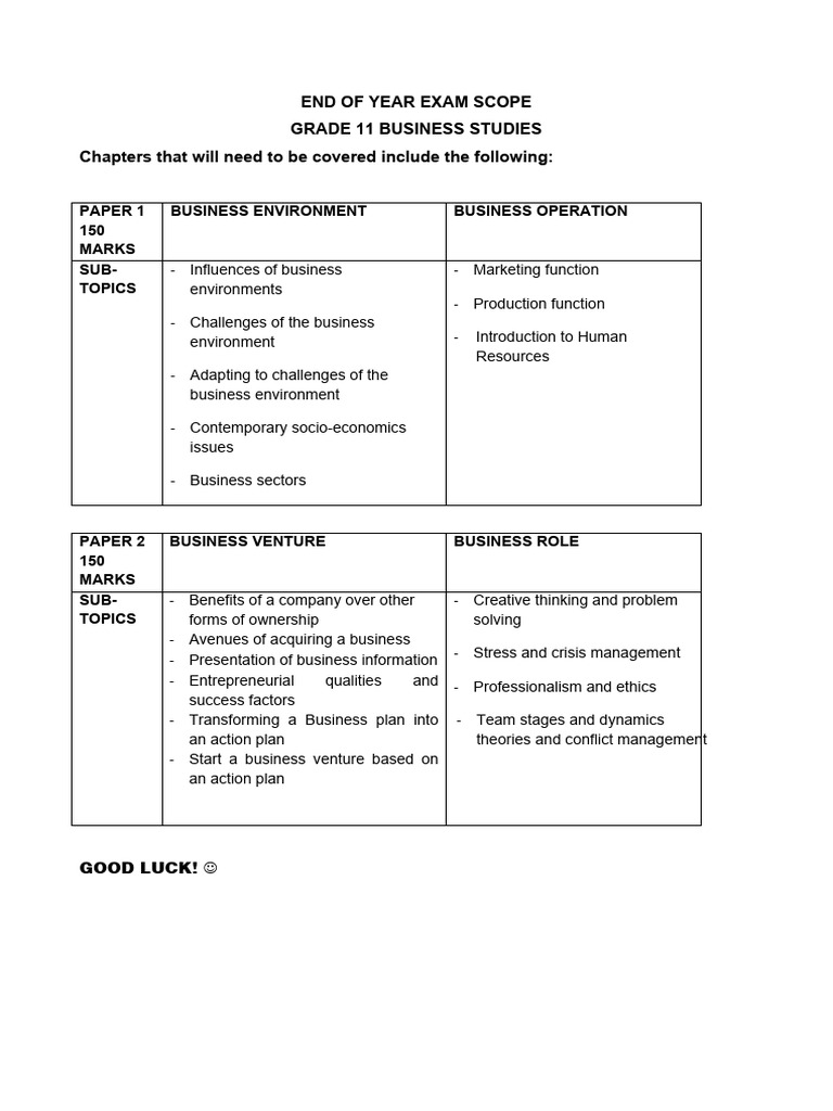 Grade 11 Business Studies Exam Scope | PDF