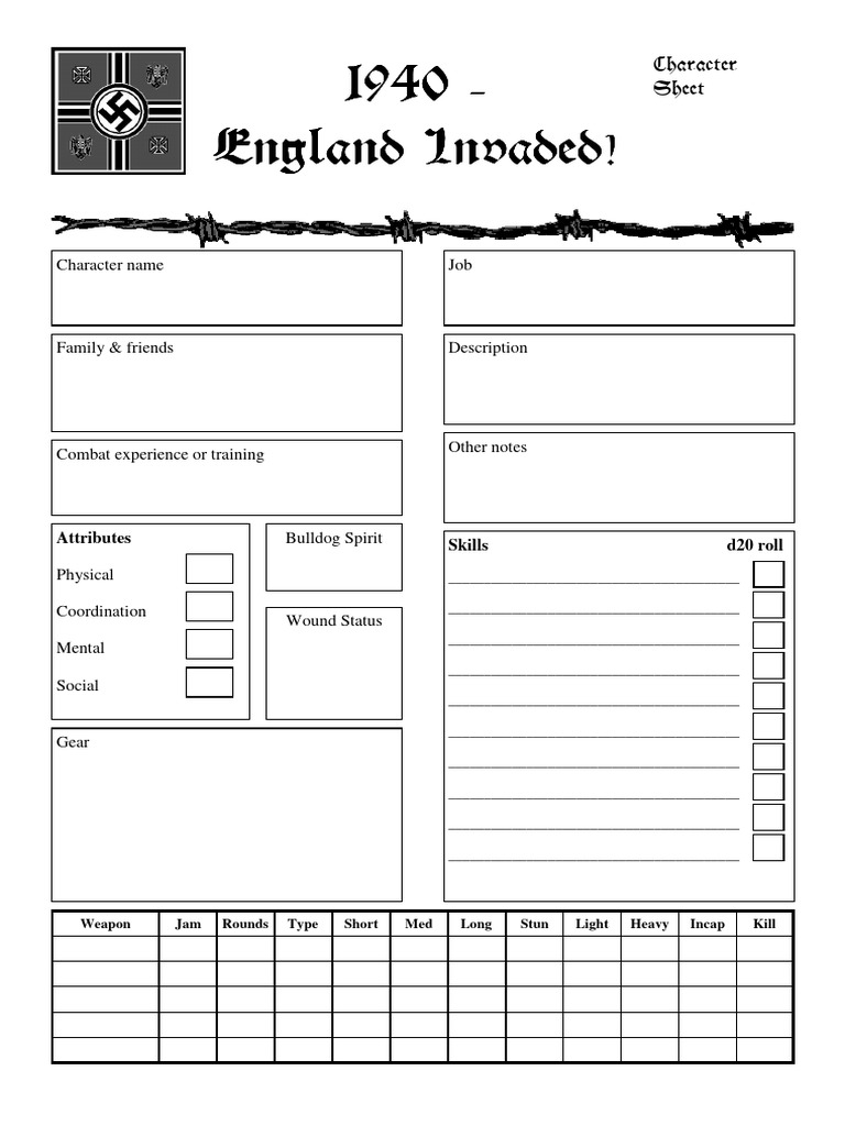 1940 England Invaded Character Sheet | PDF