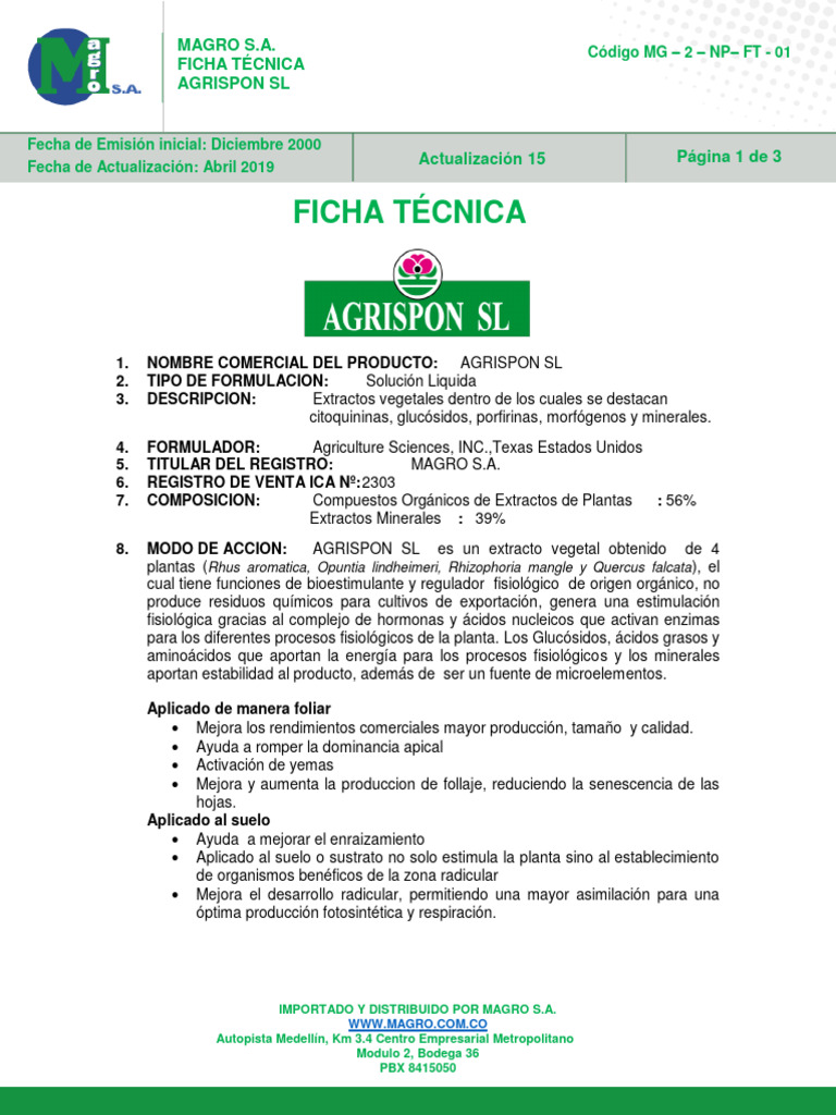 Ficha Técnica de Agrispon SL | PDF | Botánica | Plantas
