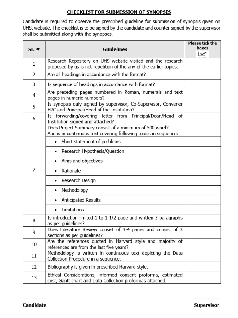 UHS Synopsis Submission Checklist | PDF