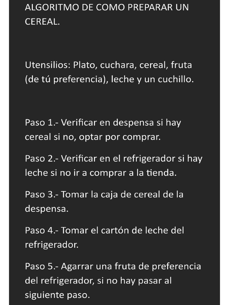 Algoritmo de Como Preparar Un Cereal. | PDF Algoritmo de Como Preparar Un Cereal. | PDF