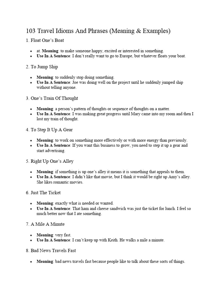 Travel Idioms and Their Meanings | PDF