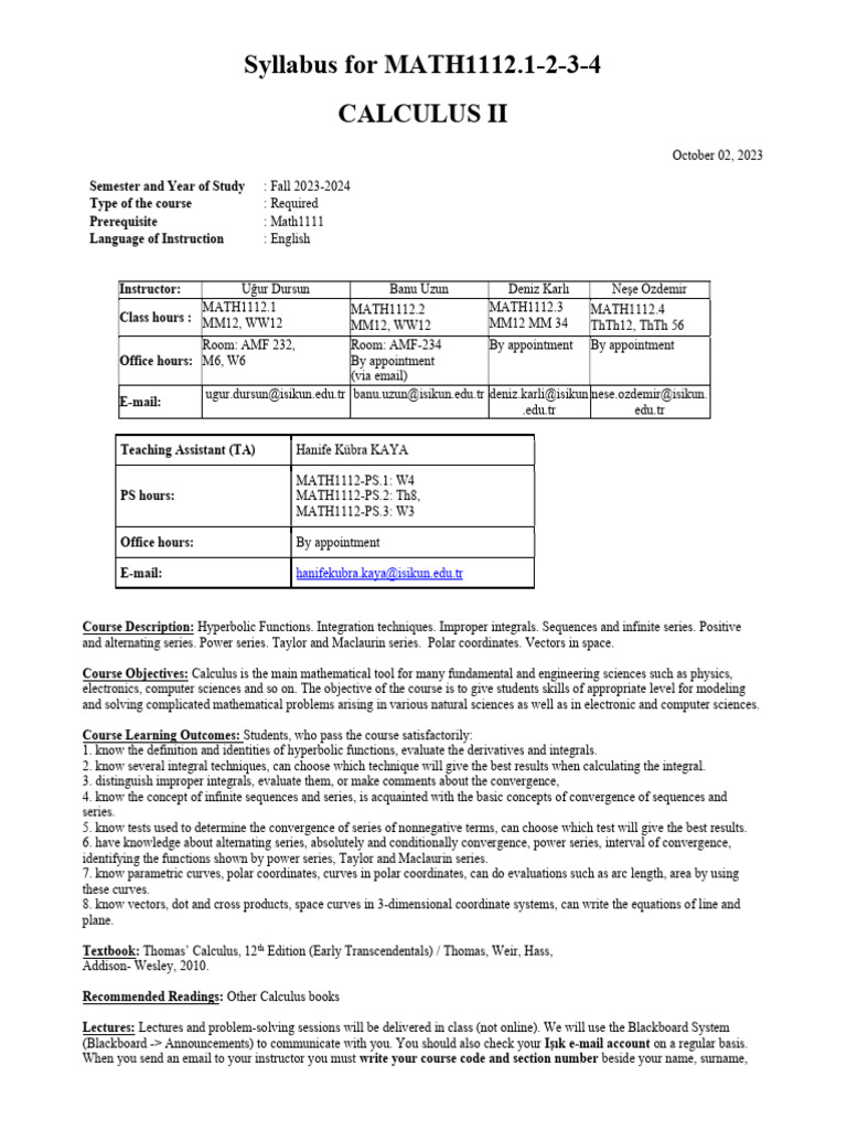 Calc2 Syllabus Fall 2023 | PDF | Integral | Power Series