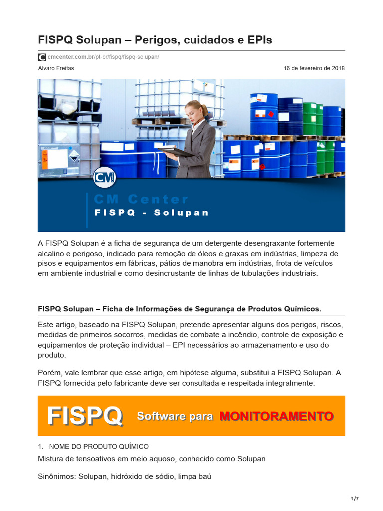 FISPQ Solupan Perigos Cuidados e EPIs | PDF | Primeiros socorros | Hidróxido de sódio