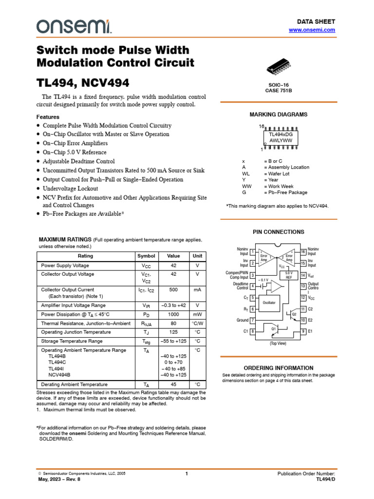 Switch Mode Pulse Width Modulation Control Circuit TL494, NCV494 | PDF