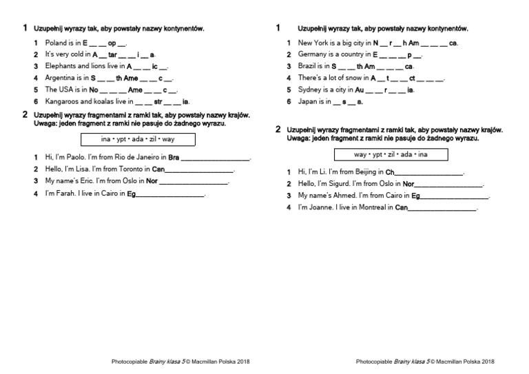 Brainy - kl5 - Short - Tests - Unit - 1 - Lesson-1 Moja Wesja | PDF