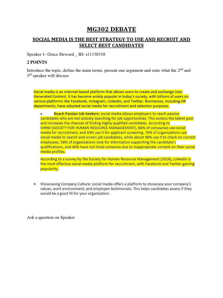 MG302 Debate Script - s11175122 | PDF | Recruitment | Social Media