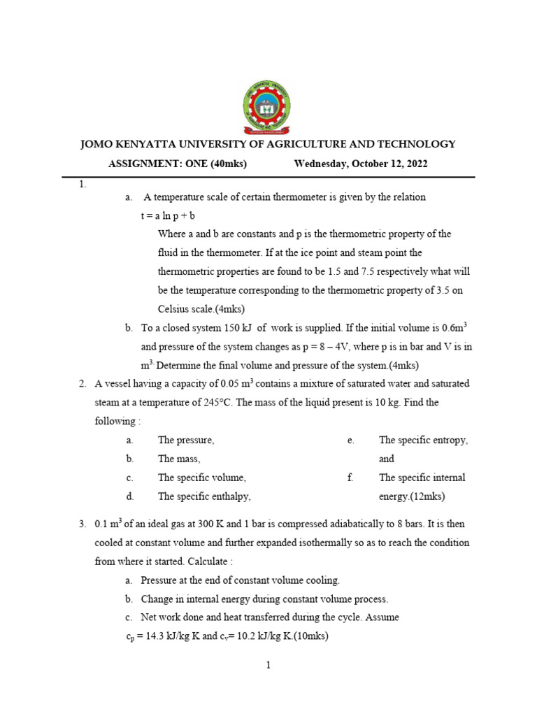 Assignment One Thermodynamics | PDF | Temperature | Enthalpy