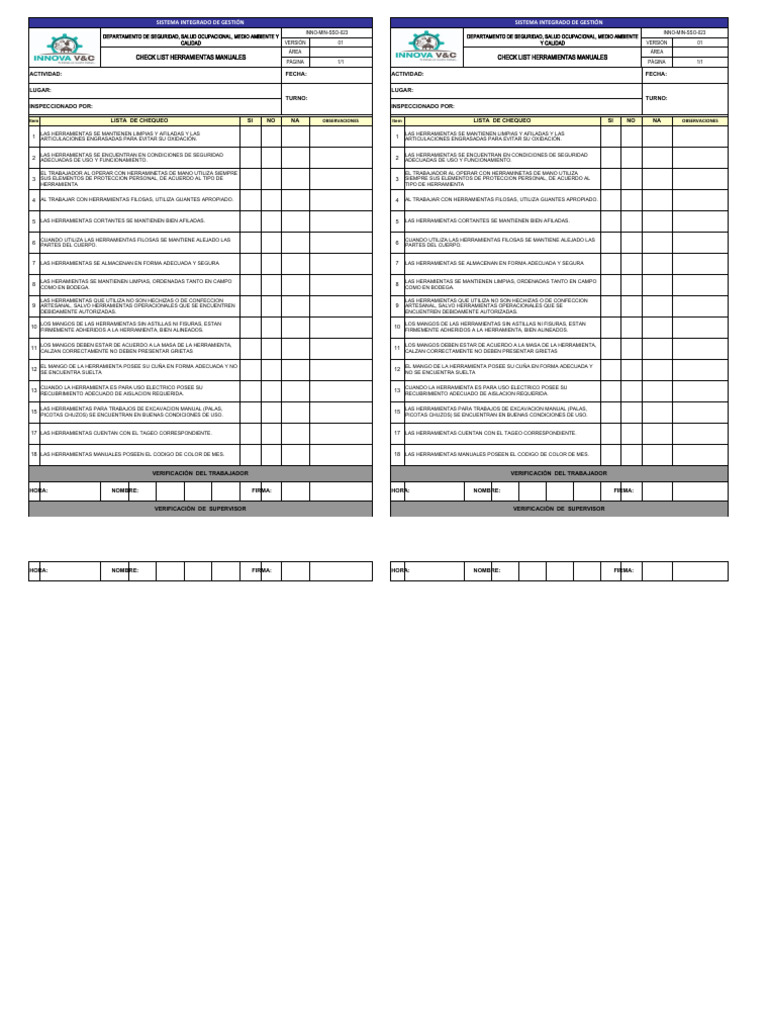 INNO-MIN-SSO-023 Check List Herramientas Manuales | PDF