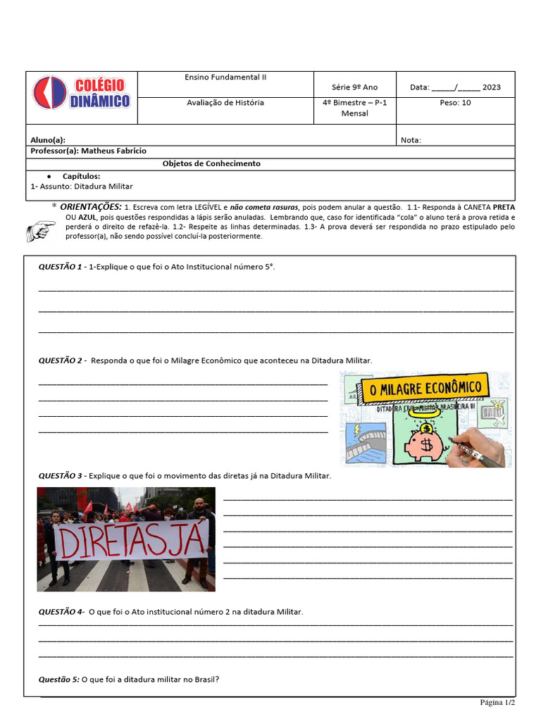 Prova de Historia 9° Ano - P-1 - 4º Bimestre | PDF | Brasil | Governo