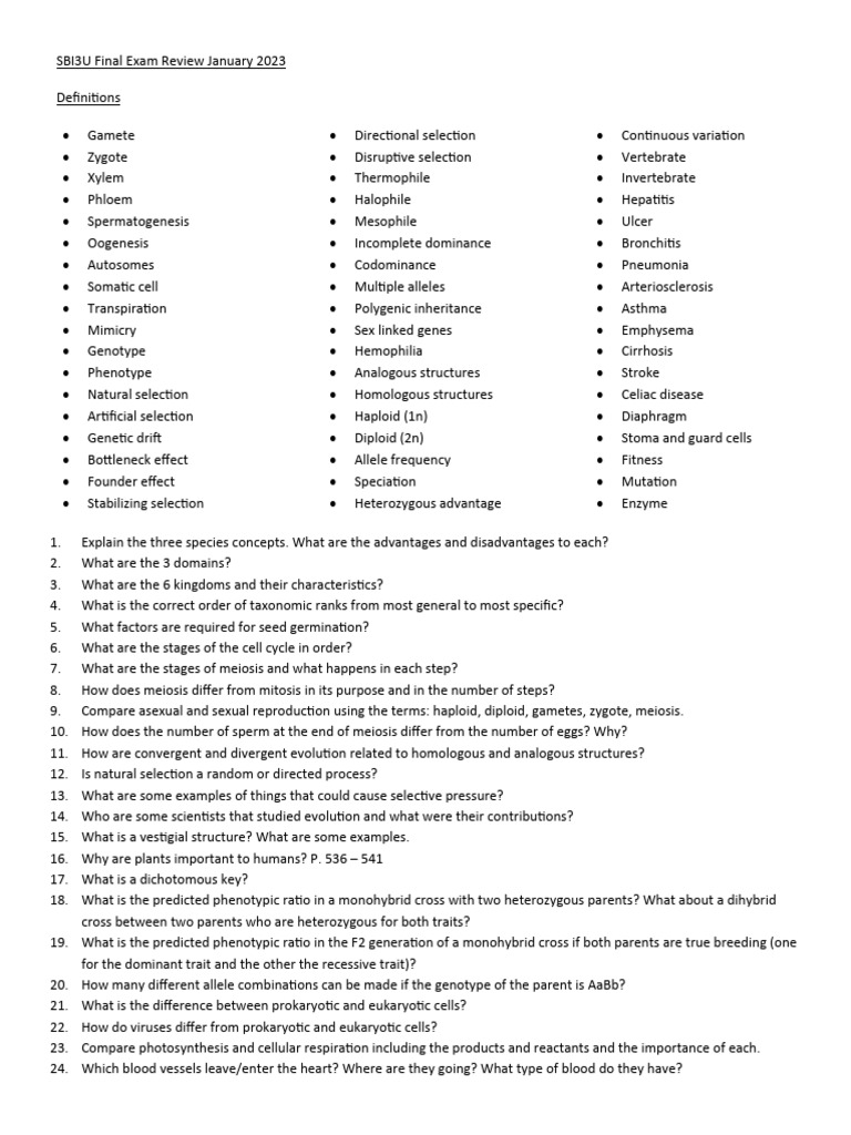 SBI3U Final Exam Review Guide 2023 | PDF | Ploidy | Dominance (Genetics)