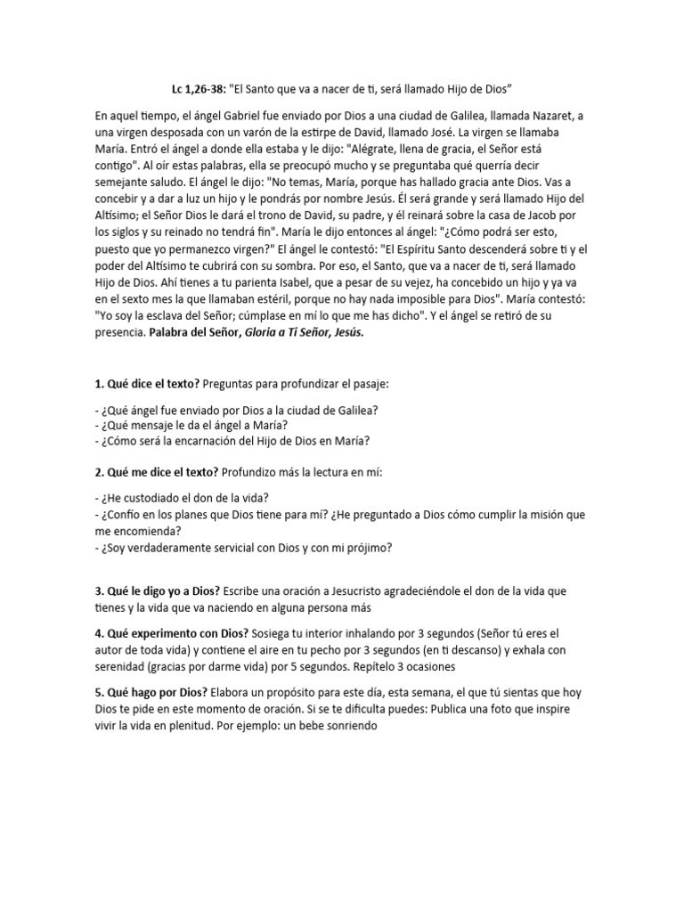 Lectio Divina de LC 1,26-38 | PDF | María, madre de Jesús