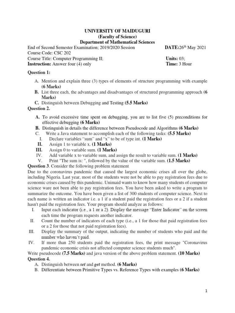 Csc 202 Exams 2019 2020 Final Edited Pdf Computer Programming Debugging