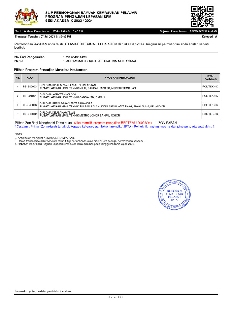 Rayuan Masuk Politeknik 2023 Diterima | PDF