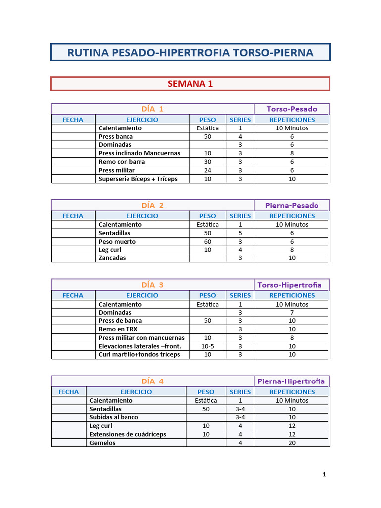 02 Rutina de Hipertrofia Torso-Pierna 7 Semanas | PDF | Ejercicio físico | Aptitud física