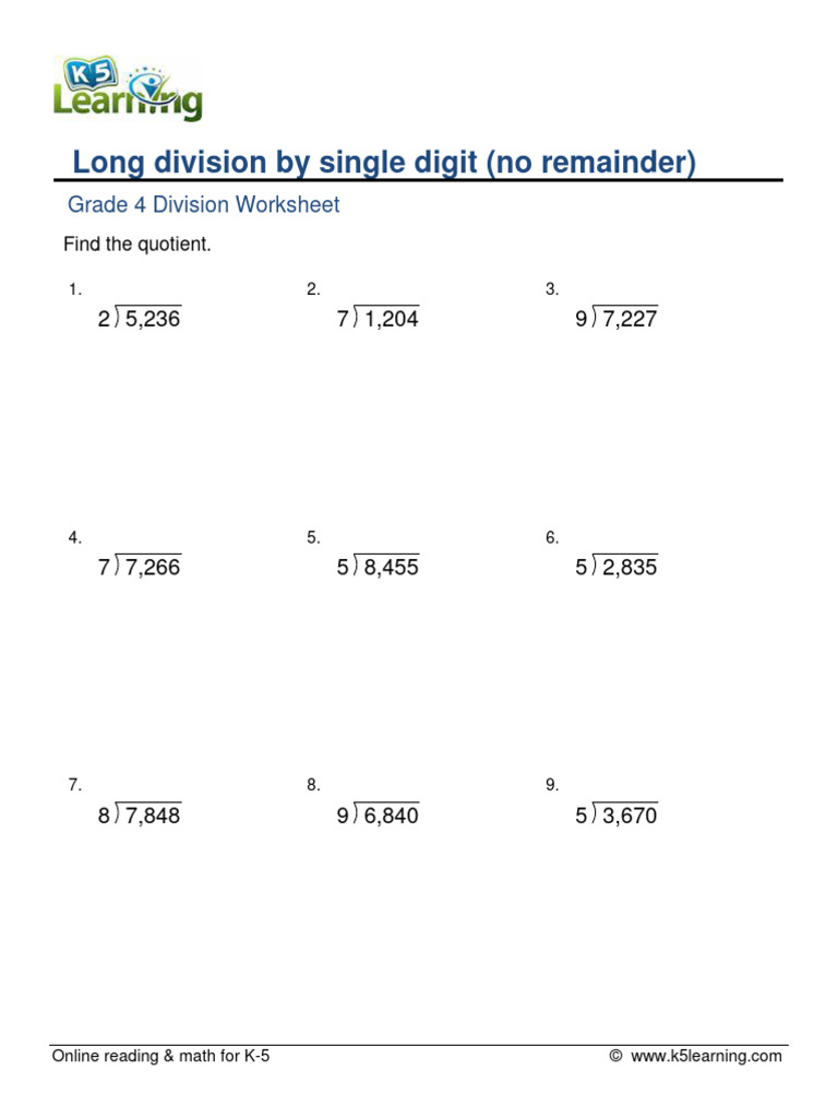 Grade 4 Division Worksheet - Long Division by Single Digit (No ...