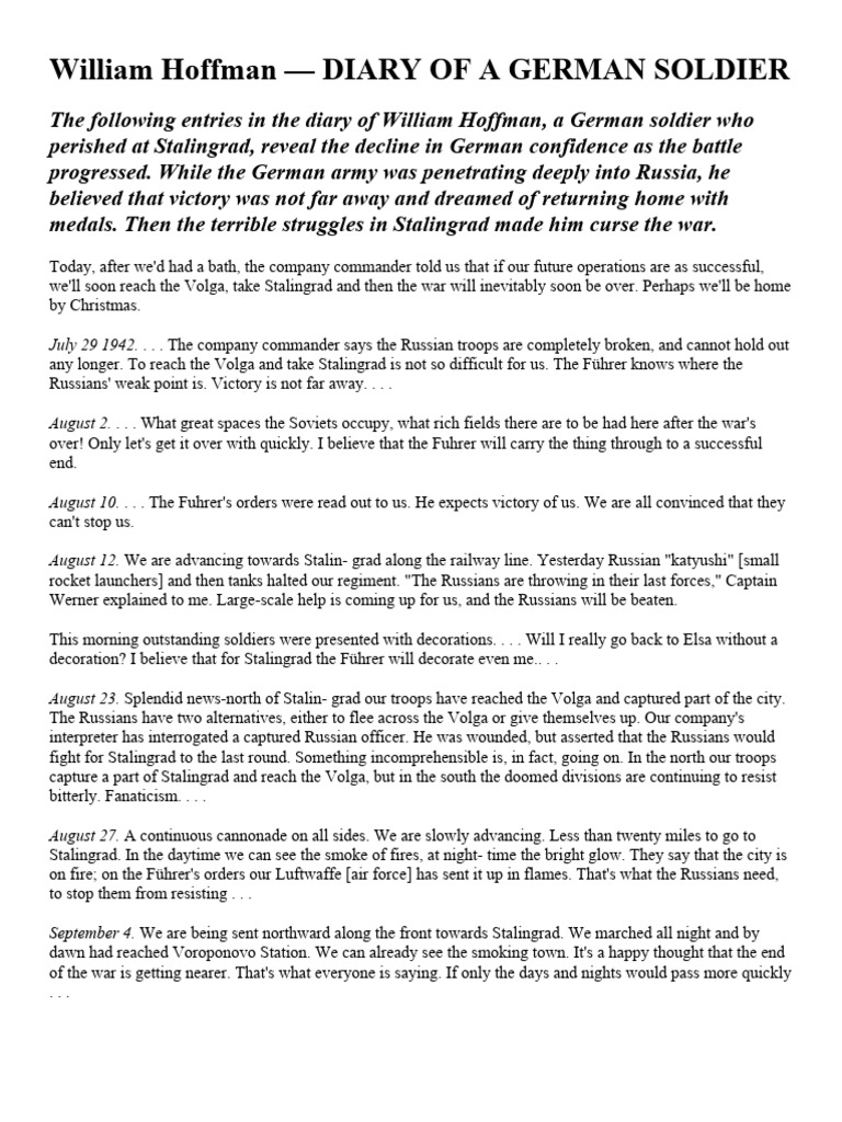 William Hoffman Diary of A German Soldier | PDF | Battle Of Stalingrad | Red Army