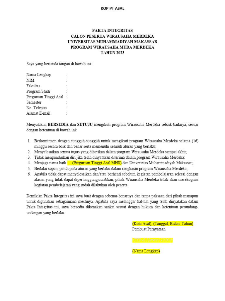 EKSTERNAL - Pakta Integritas Mahasiswa Peserta | PDF EKSTERNAL - Pakta Integritas Mahasiswa Peserta | PDF