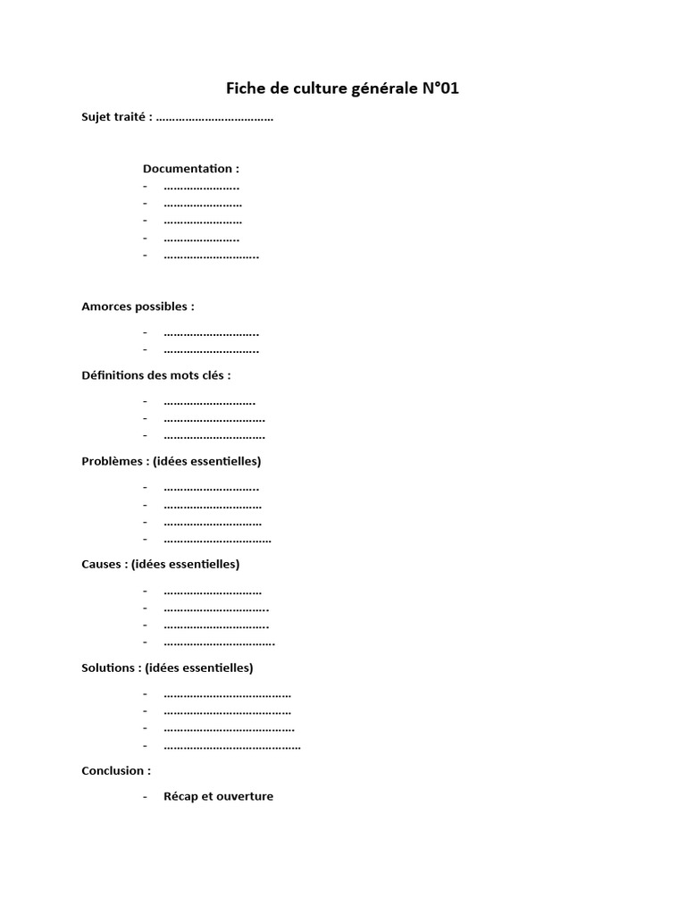 Fiche de Culture Générale Modèle À Compléter | PDF