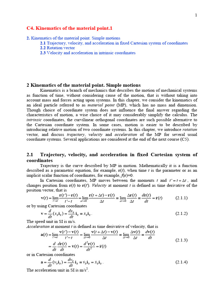 C4 Kinematics of Point Mass 1 | PDF | Kinematics | Acceleration